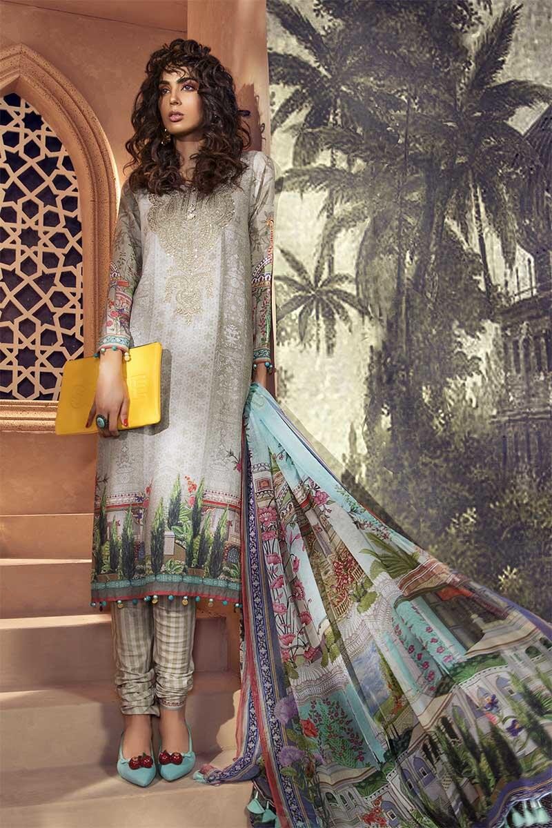 Designer karandi dress digitally printed in grey color – Nameera by Farooq