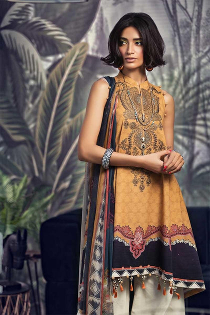 Pakistani designer khaddar dress in mustard color – Nameera by Farooq