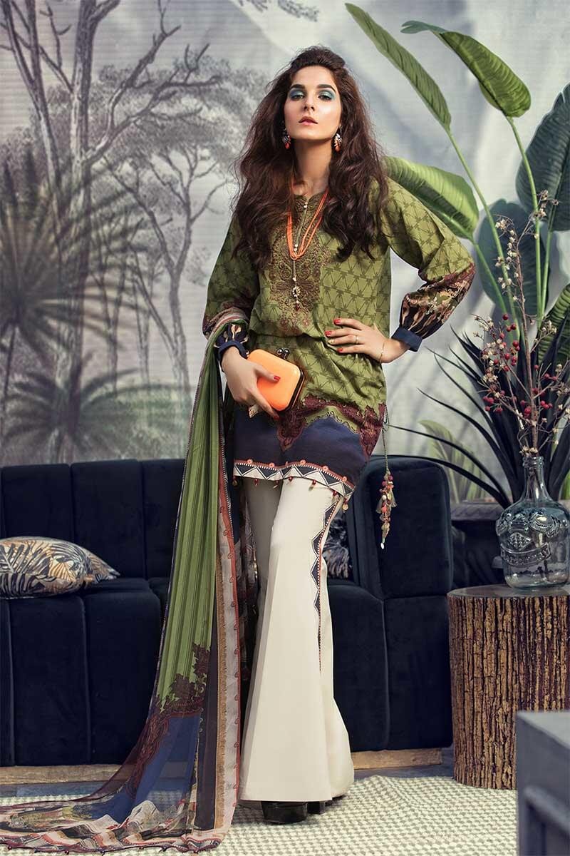 Khaddar outfit in mehndi color with embroidered neckline – Nameera by ...