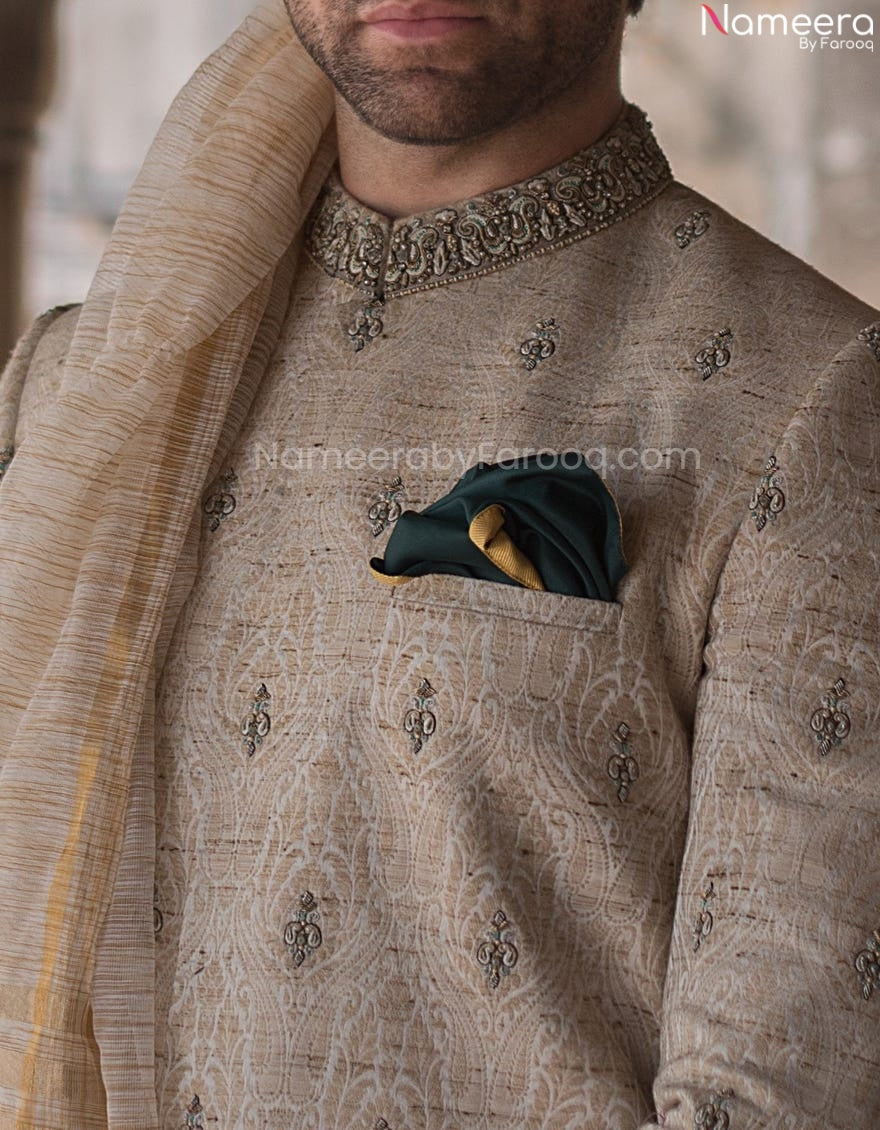 Designer Dull Golden Pakistani Rich Sherwani Suits for Men – Nameera by ...