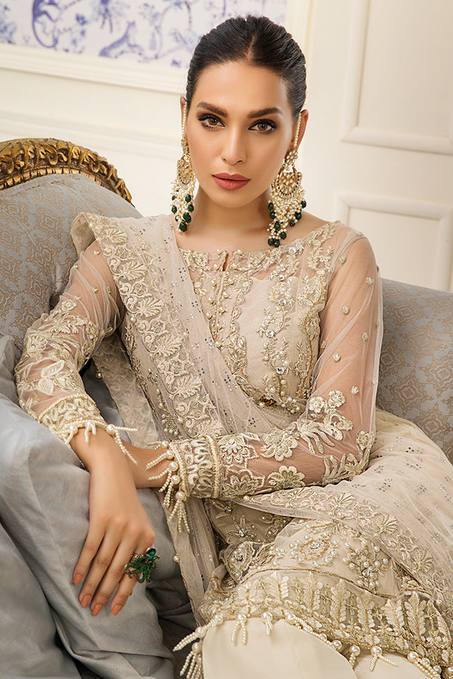 Pakistani net embroidered dress with motifs in skin color – Nameera by ...