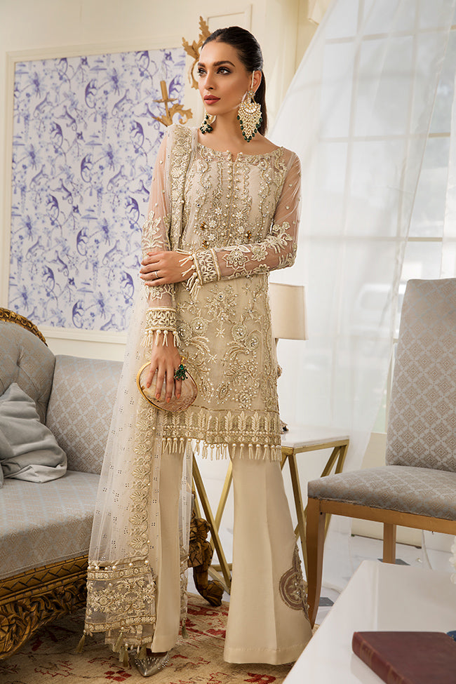 Pakistani net embroidered dress with motifs in skin color – Nameera by ...