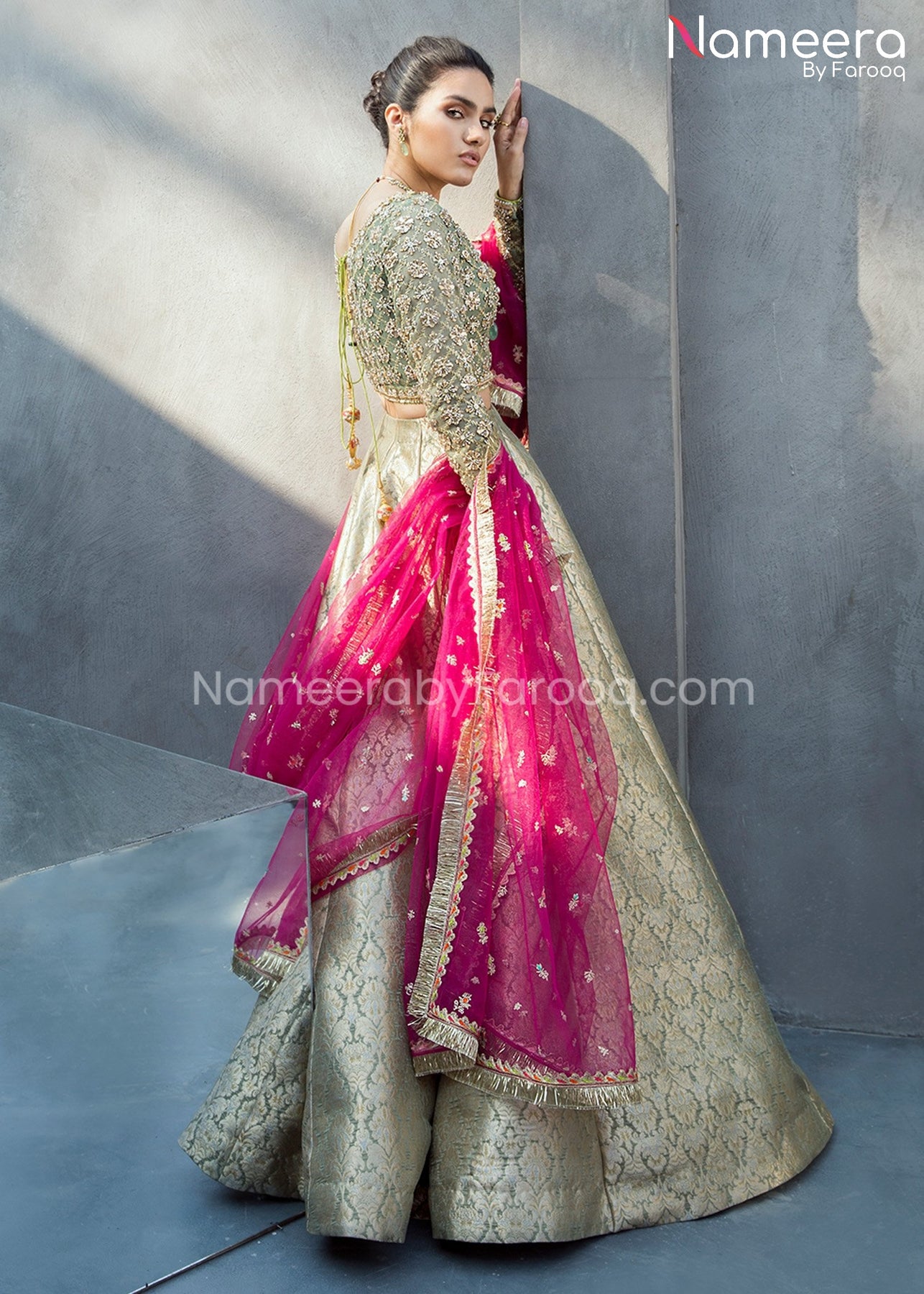Pakistani Brocade Bridal Lehenga with Choli in Olive Green – Nameera by ...
