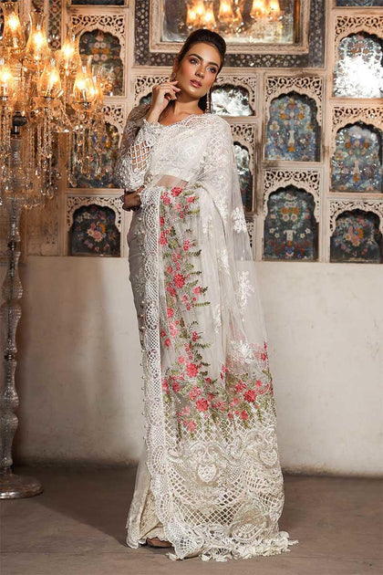 Pakistani designer saree in white color with pearls – Nameera by Farooq
