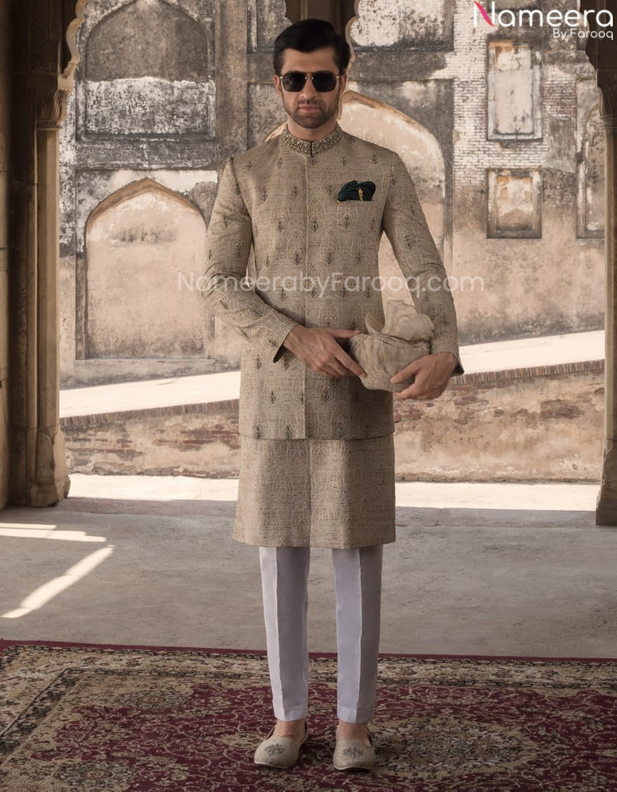 Designer Dull Golden Pakistani Rich Sherwani Suits for Men – Nameera by ...