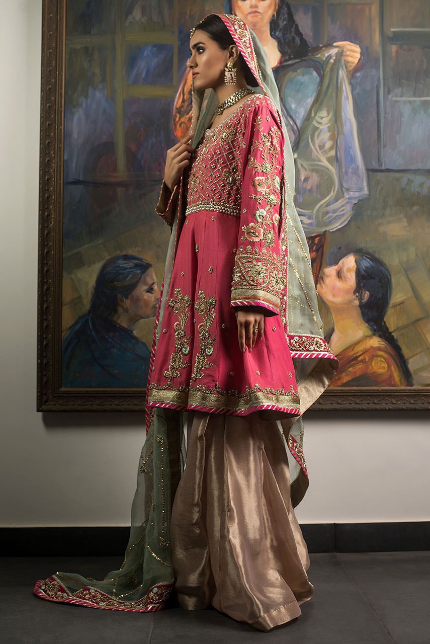 Wedding mehndi dress embroidered in pink color in USA – Nameera by Farooq